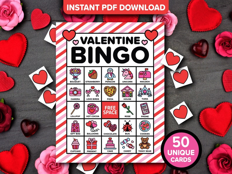 50 Valentine Bingo Cards Printable Valentines Day Bingo Game Digital ...