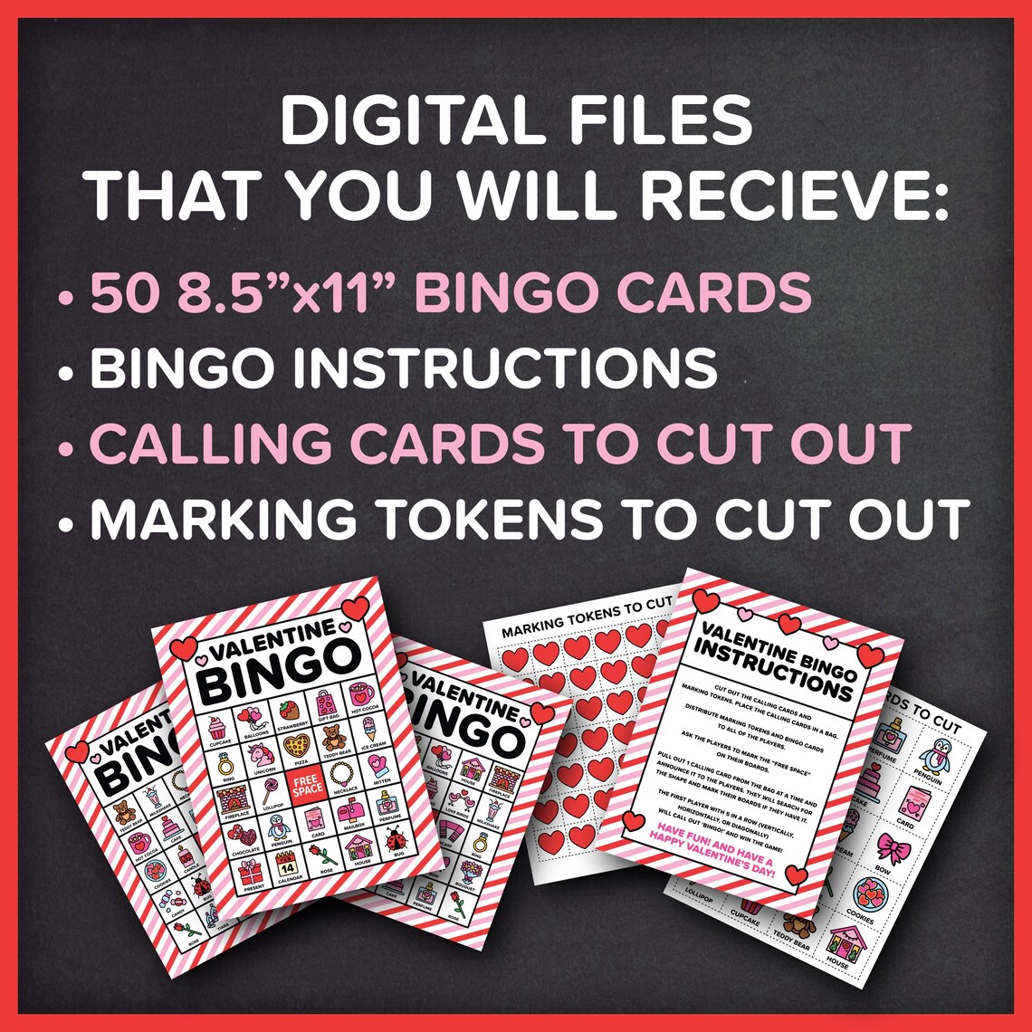50 Valentine Bingo Cards Printable Valentines Day Bingo Game Digital ...