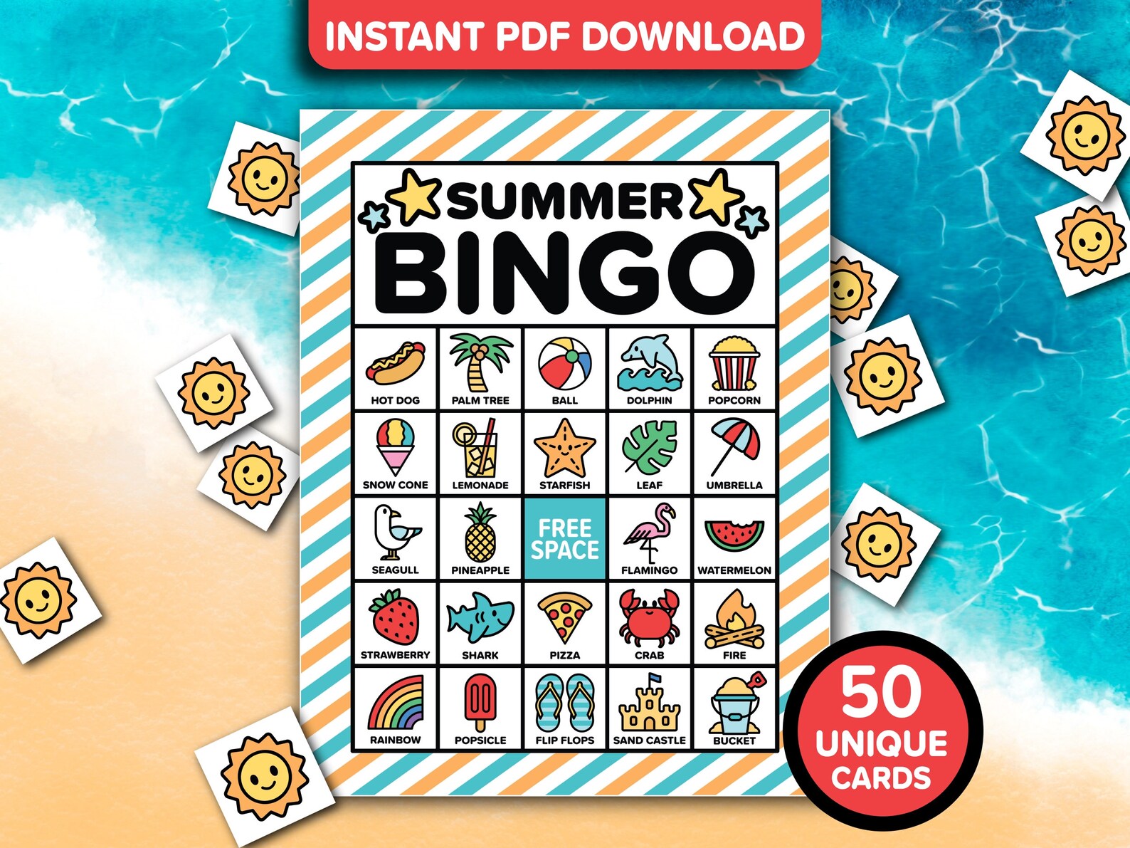 50 Summer Bingo Cards Printable | Bingo Game Digital Download | Summer ...