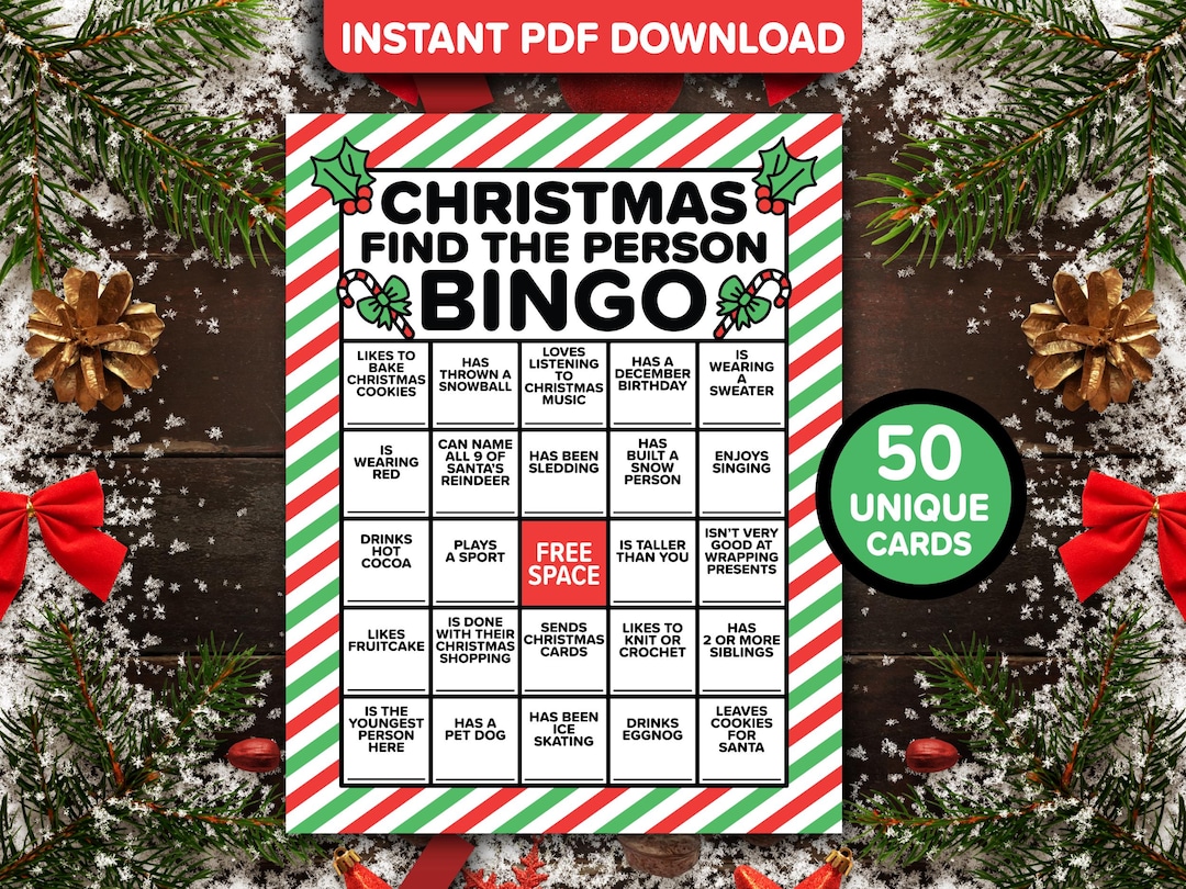 50 Christmas Find the Person Bingo Cards Printable | Holiday Bingo Get ...