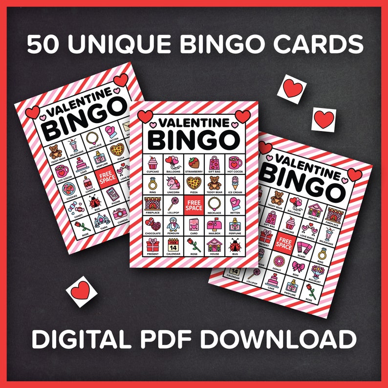 50 Valentine Bingo Cards Printable Valentines Day Bingo Game Digital ...