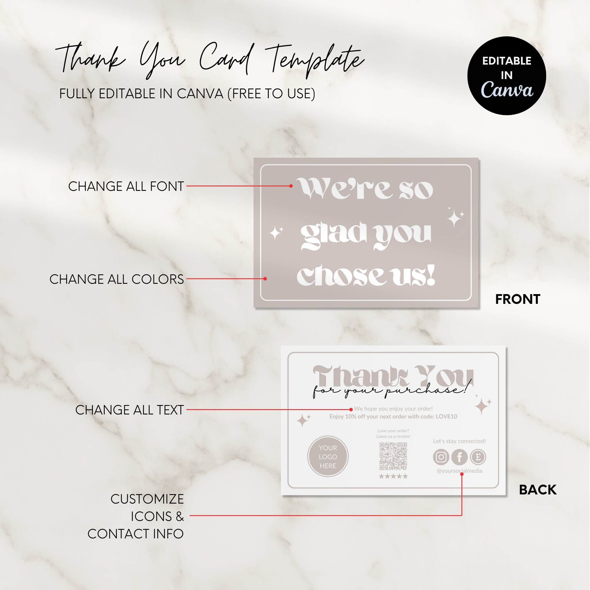 Editable Thank You Card, Thank You Card Template for Small Business, Package Insert Card, Rose ...