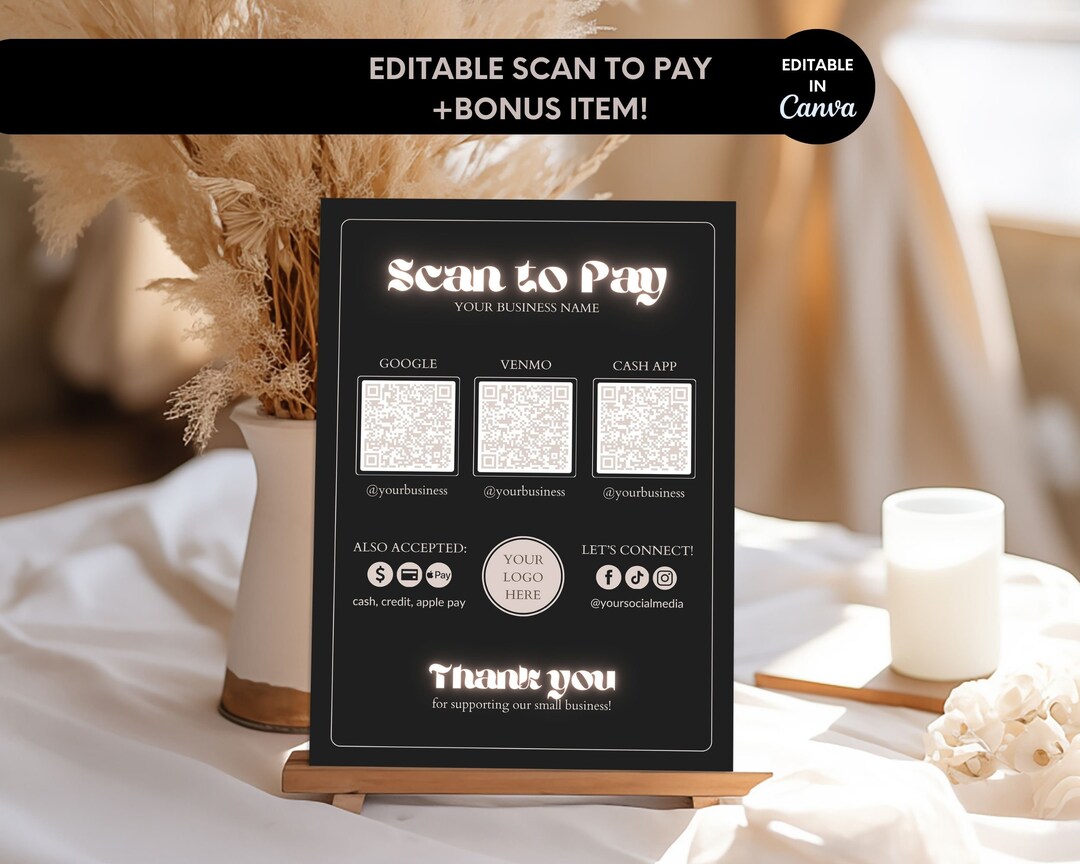 Editable Scan to Pay Sign, QR Code Sign Template, Printable Payment ...