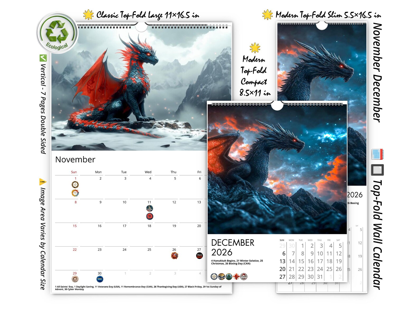 2026 Dragon Dark Wall Calendar by Kaleidoscope Artisan – Mystical ...
