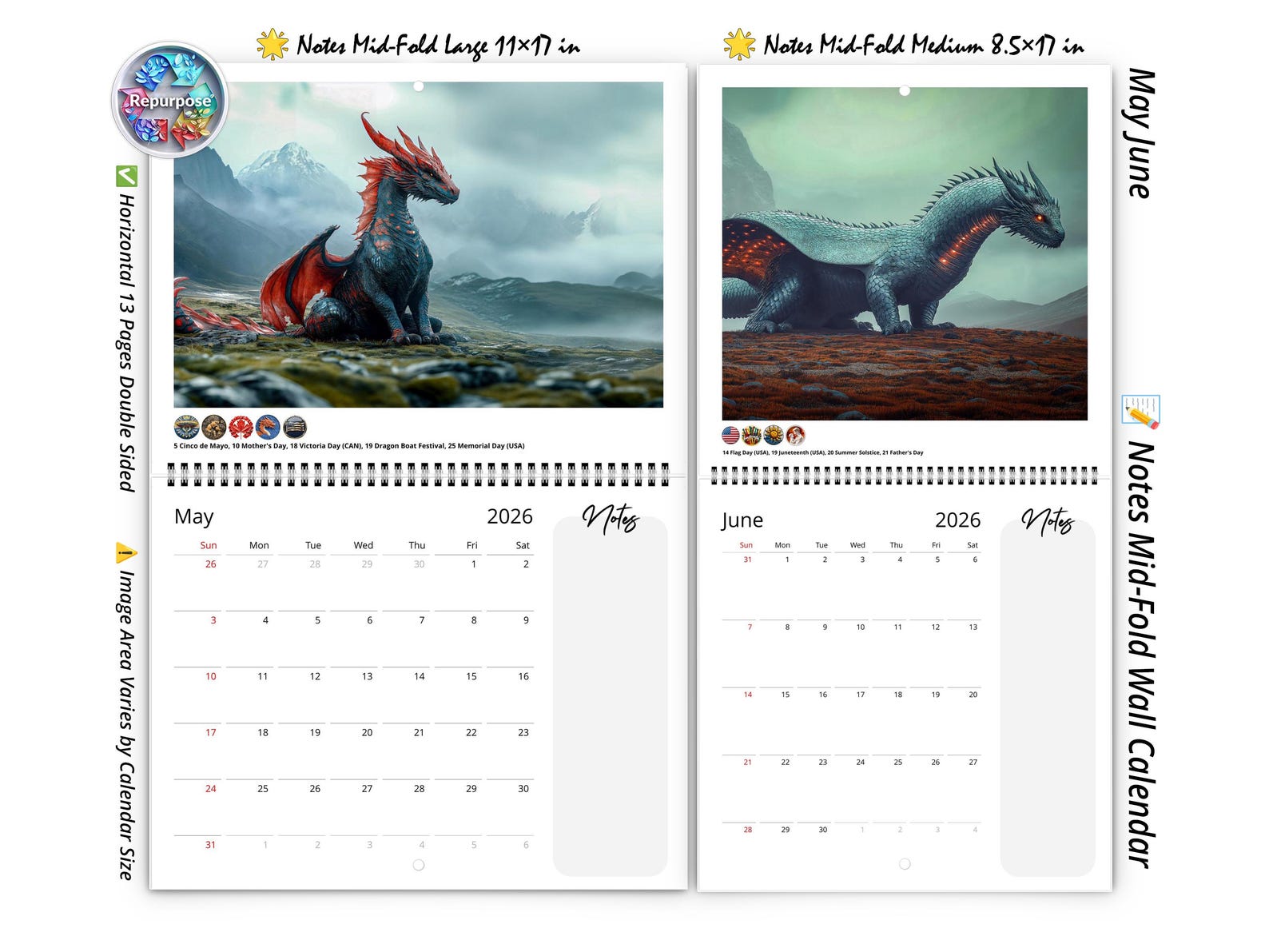 2026 Dragon Dark Wall Calendar by Kaleidoscope Artisan – Mystical ...