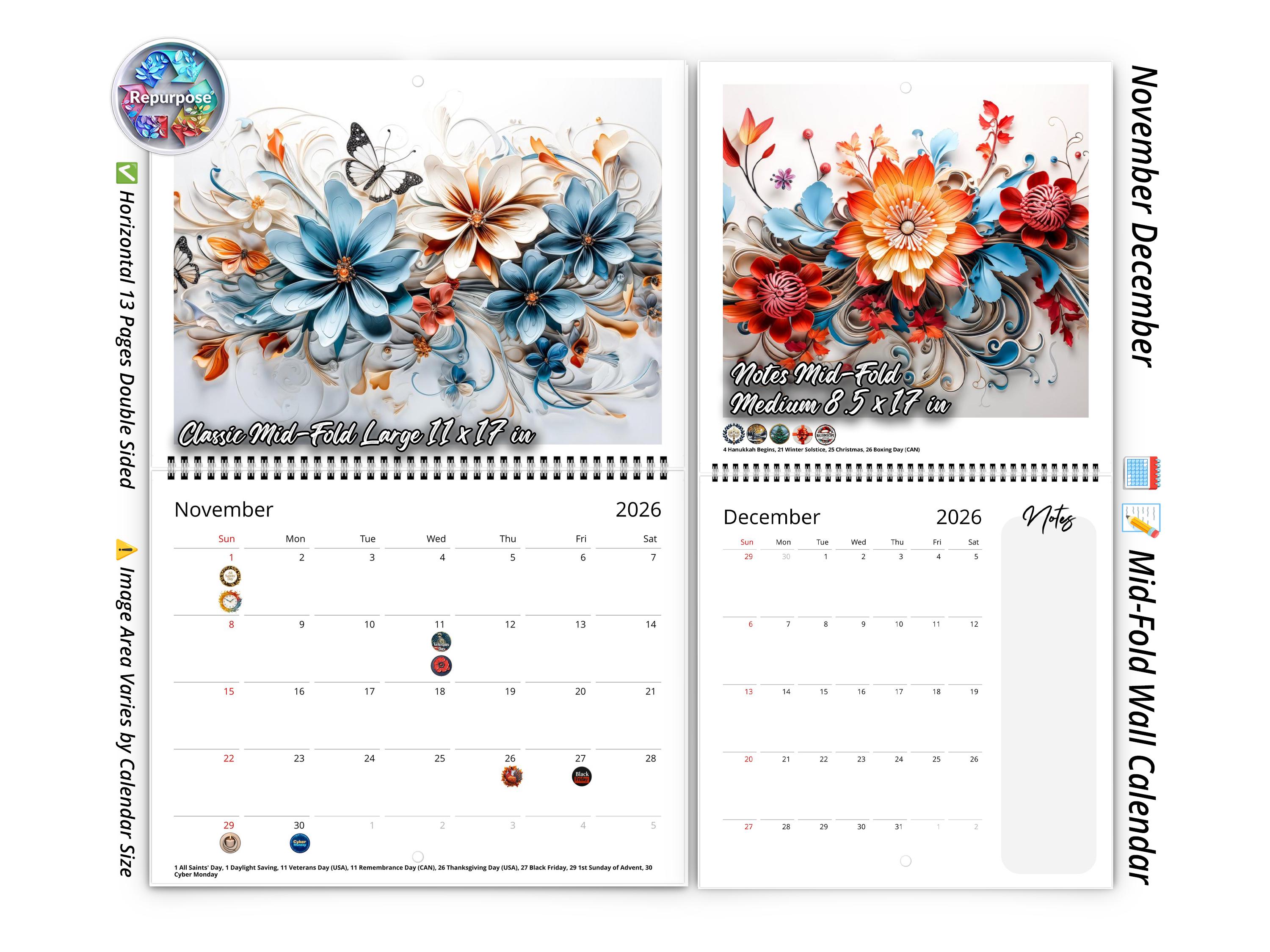 2026 Floral Grace Wall Calendar by Kaleidoscope Artisan – Elegant Bloom ...