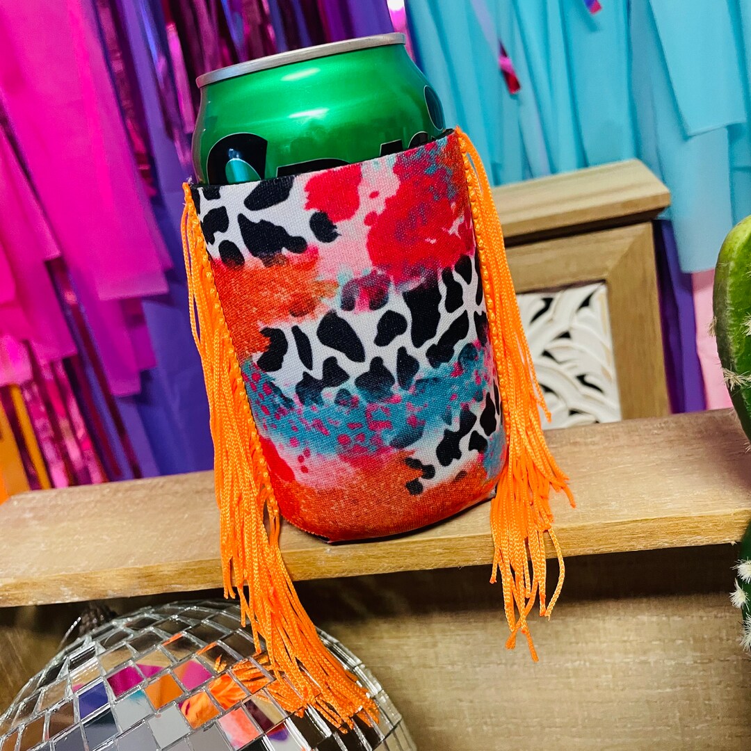 Cow Print Can Cooler With Fringe - Neoprene Drink Sleeve - Etsy