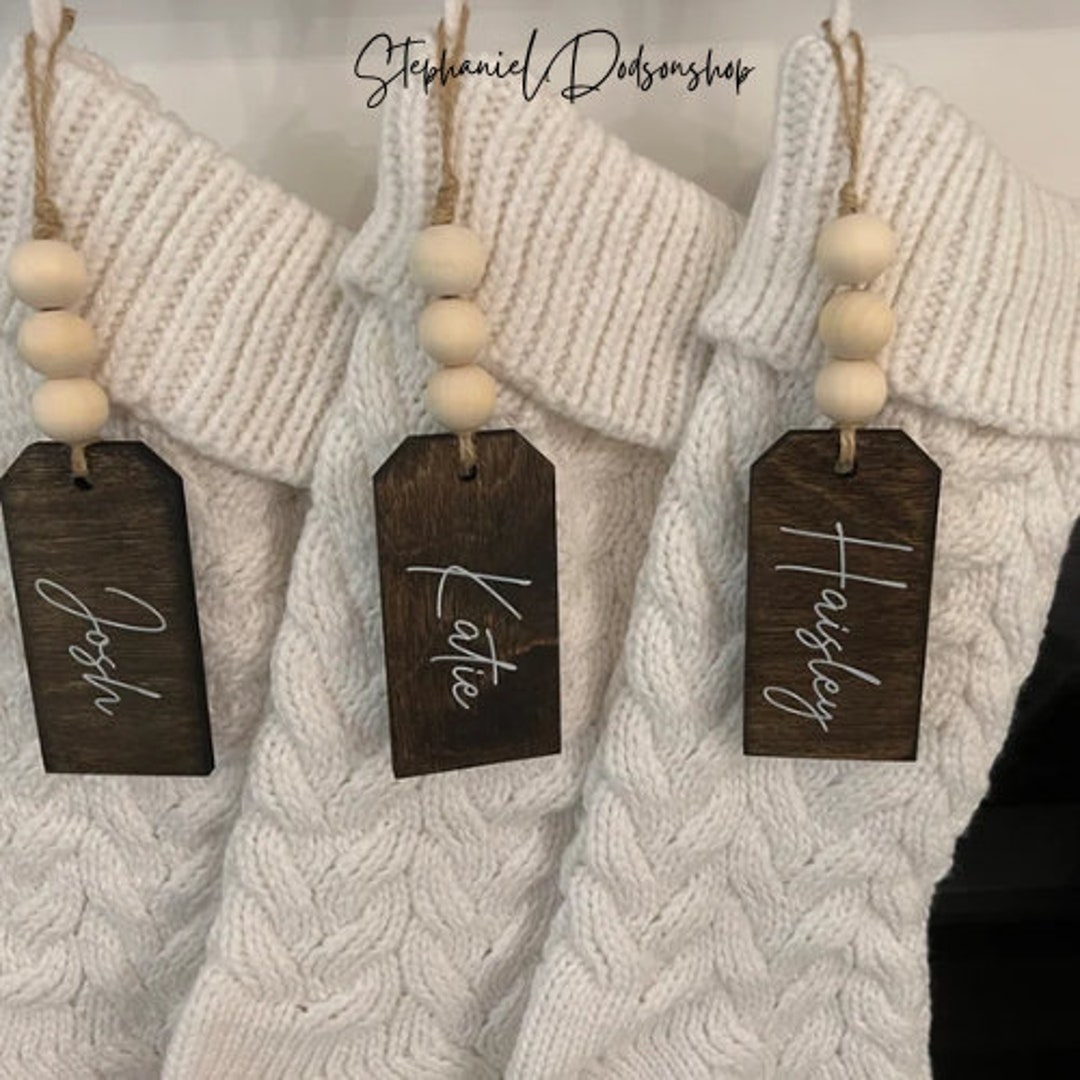 Wooden Name Tag Beaded Stocking Tag Custom Name Tag - Etsy