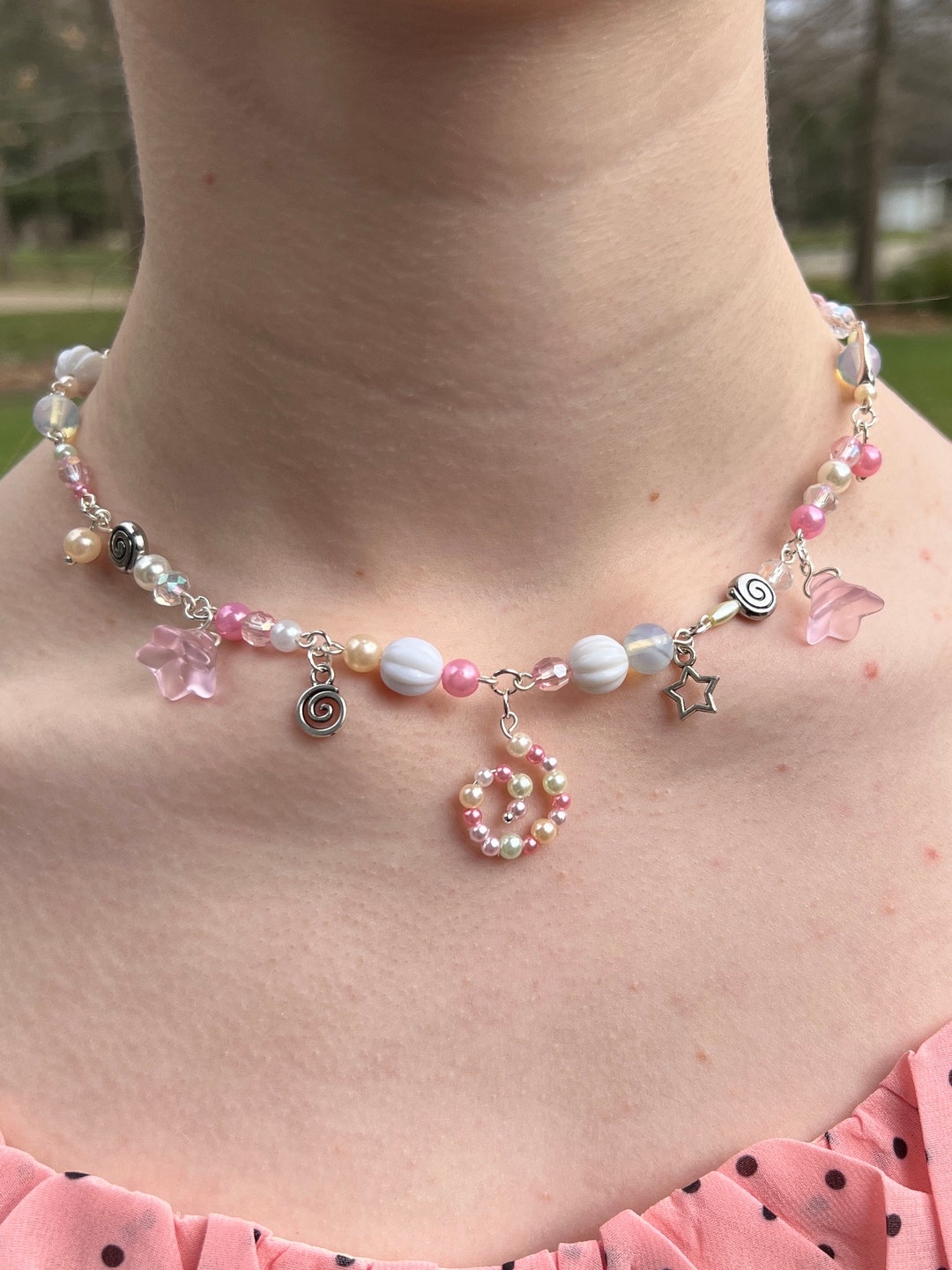 Coquette Pastel Dollette Anglecore Pink Beaded Necklace With Spiral ...