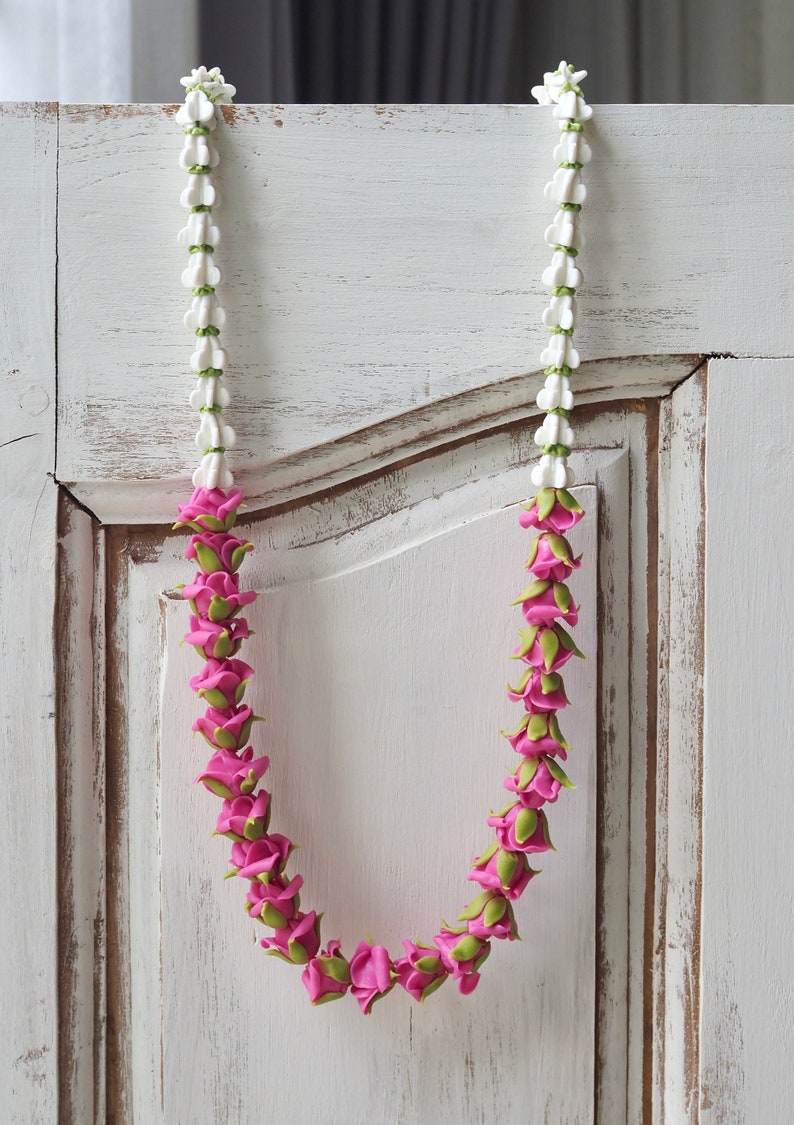 Pink Rose Bud and White Crown Flower Clay Lei, Hawaiian Lei, Summer ...