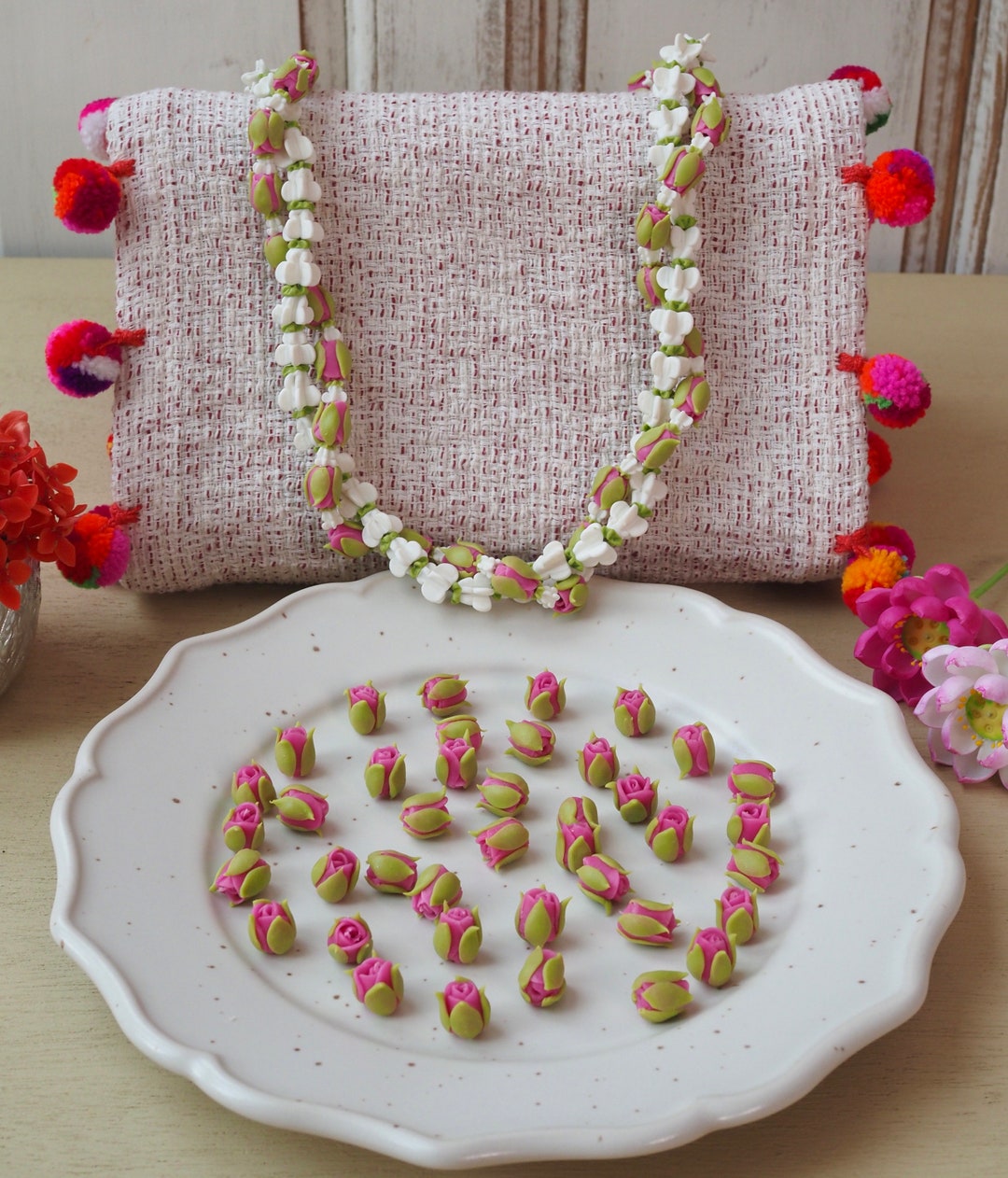 50 Pcs Pink Rose Bud , Rose Bead Clay Flower , Rose Bud for Jewelry ...