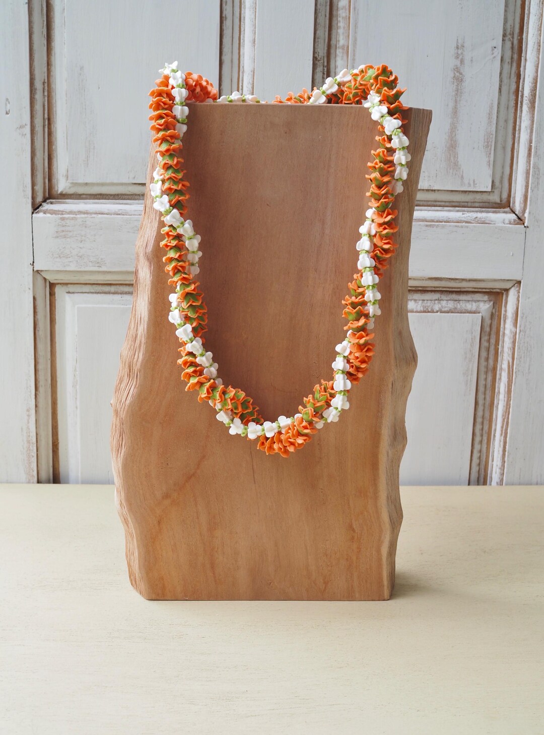 Orange Rose and White Crown Flower Lei ,clay Flower Lei, Hawaiian Lei ...