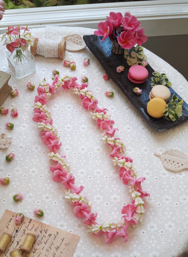 Handmade Pink Puakenikeni Clay Flower Lei, Hawaiian Wedding Necklace - Etsy