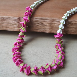 Pink Rose Bud and White Crown Flower Clay Lei, Hawaiian Lei, Summer ...