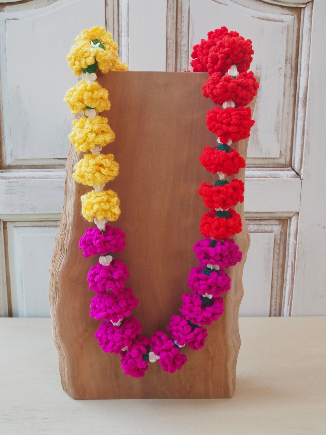 Pink ,red , Yellow Crochet Marigold Flower & Crown Flower Lei, Hawaiian ...