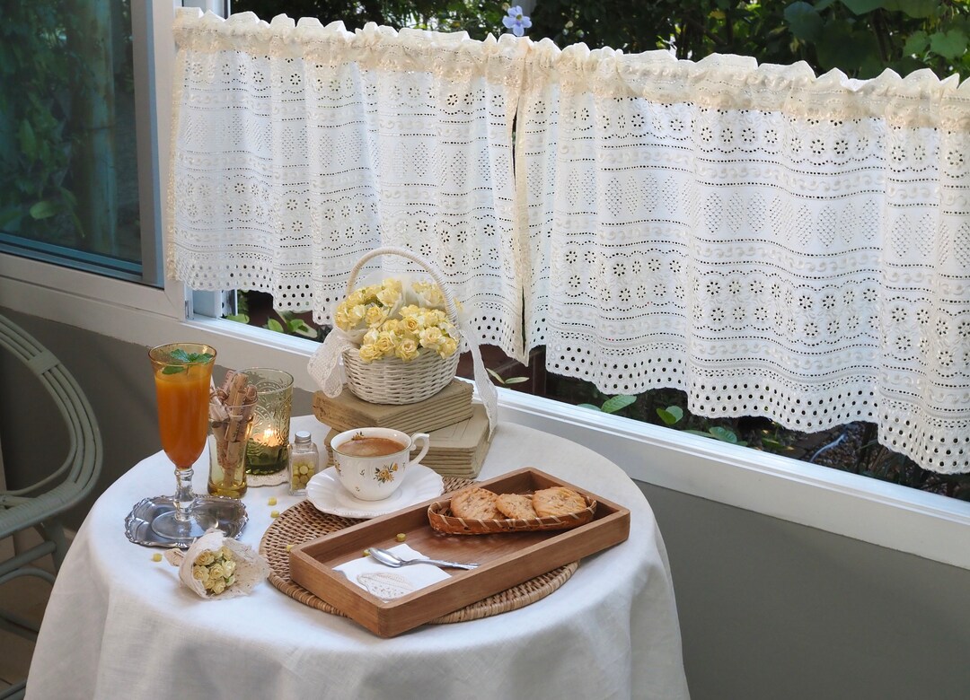 Pair of Light Yellow Eyelet Lace Cafe Curtain With Curtain Tie Backs ...
