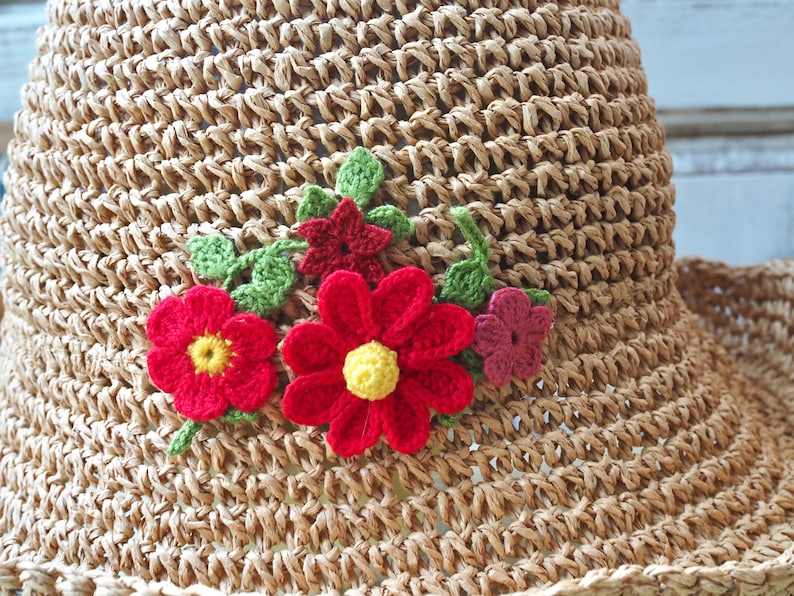 Floral Crochet Straw Sun Hat | Boho Wide Brim, Foldable - Etsy