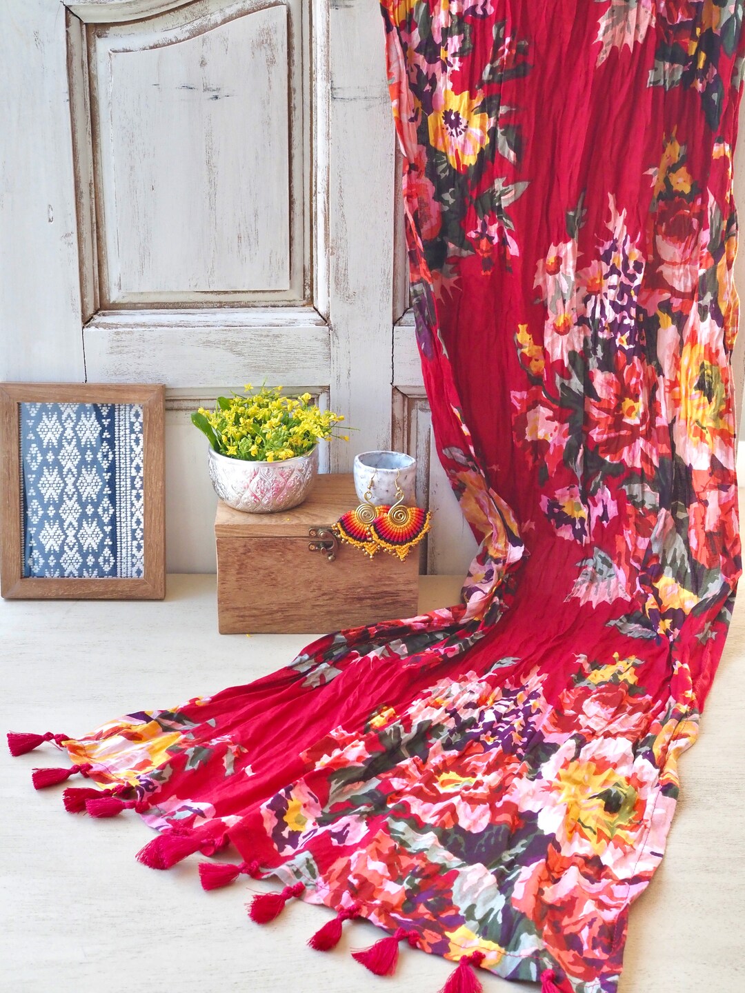 Red Cotton Flower Pattern Scarf With Boho Earrings / Summer Shawl ...