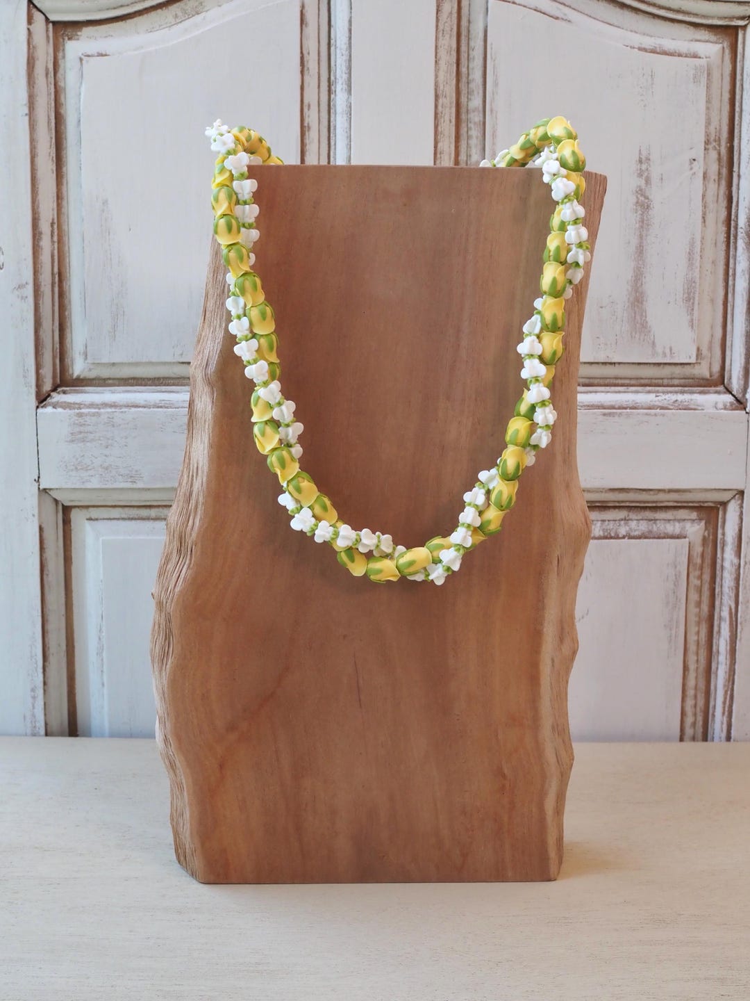 Yellow Rose Bud and White Crown Flower Clay Lei, Hawaiian Lei ,summer ...