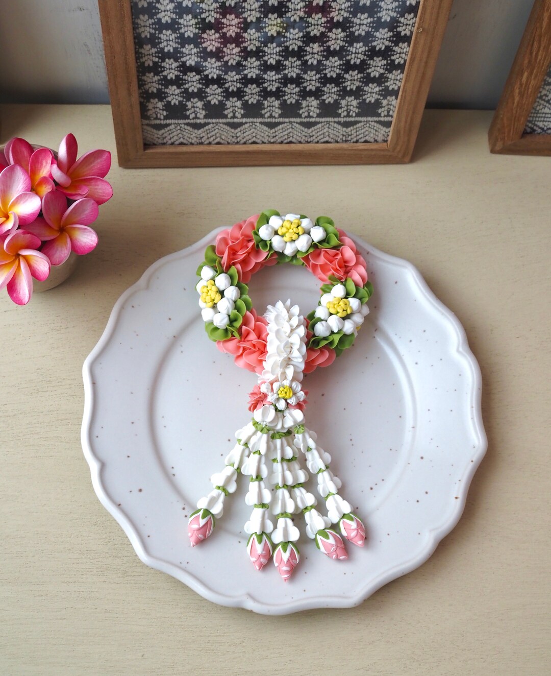 Thai Clay Flower Garland, Peach Malai Hanging, Handcrafted Worship ...