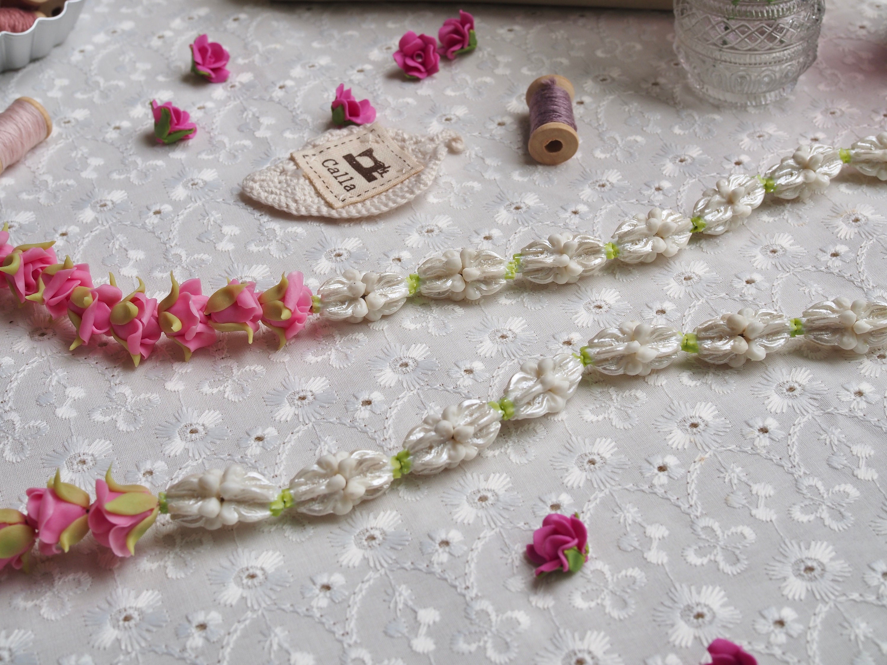 Pink Rose Bud and Pearl White Crown Flower Clay Lei, Hawaiian Lei ...