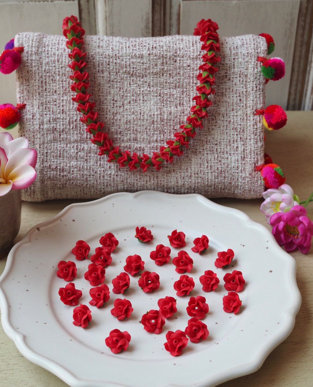 50 Pcs Red Rose Bead Clay Flower , Rose Flower for Jewelry Making, Lei ...