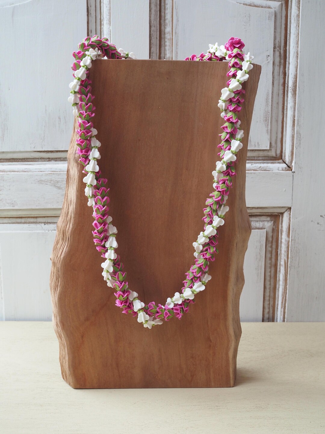 Pink Rose and White Crown Flower Clay Lei, Hawaiian Clay Lei , Summer ...
