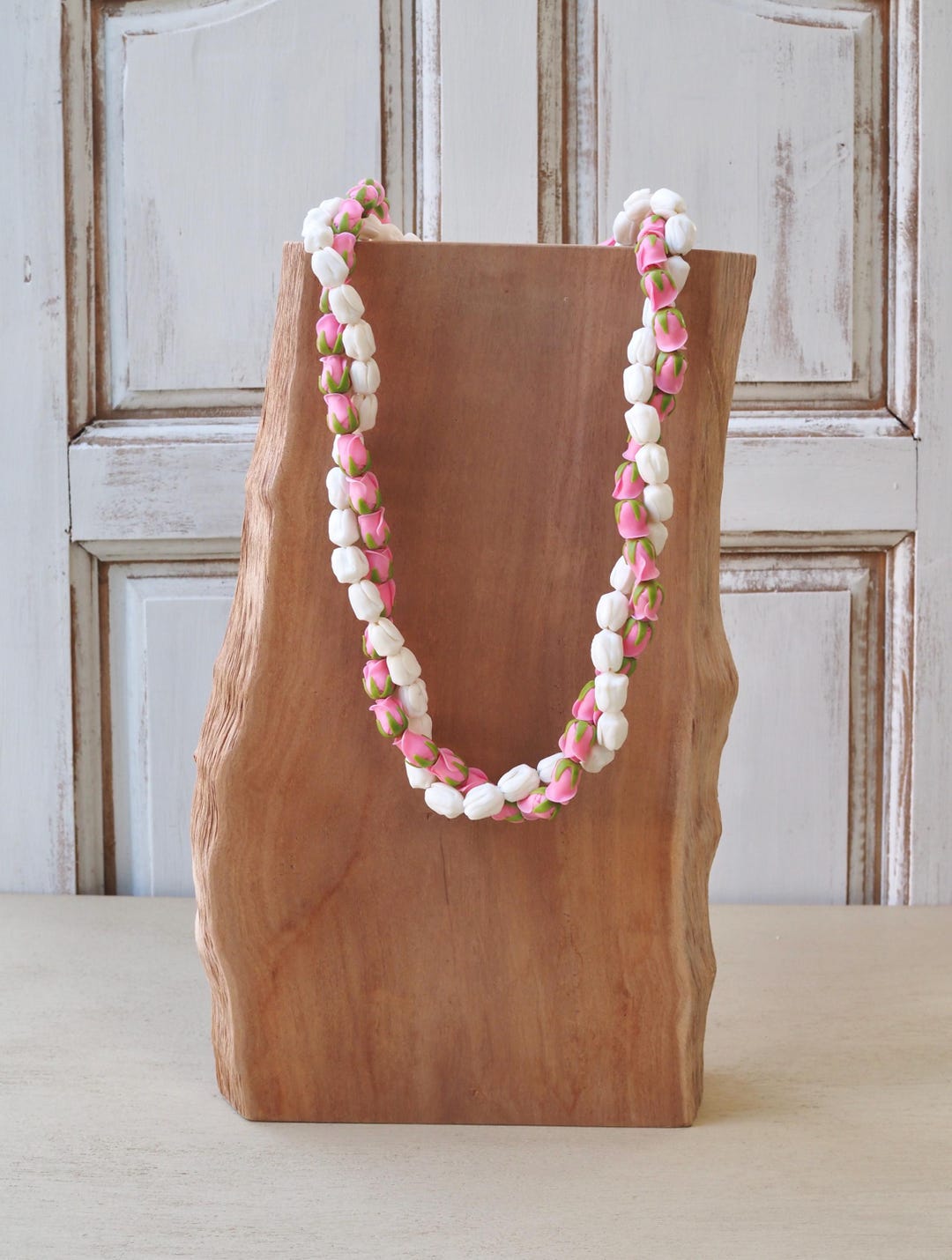 Party Pink Rose Bud and White Pikake Clay Lei, Hawaiian Lei , Summer ...