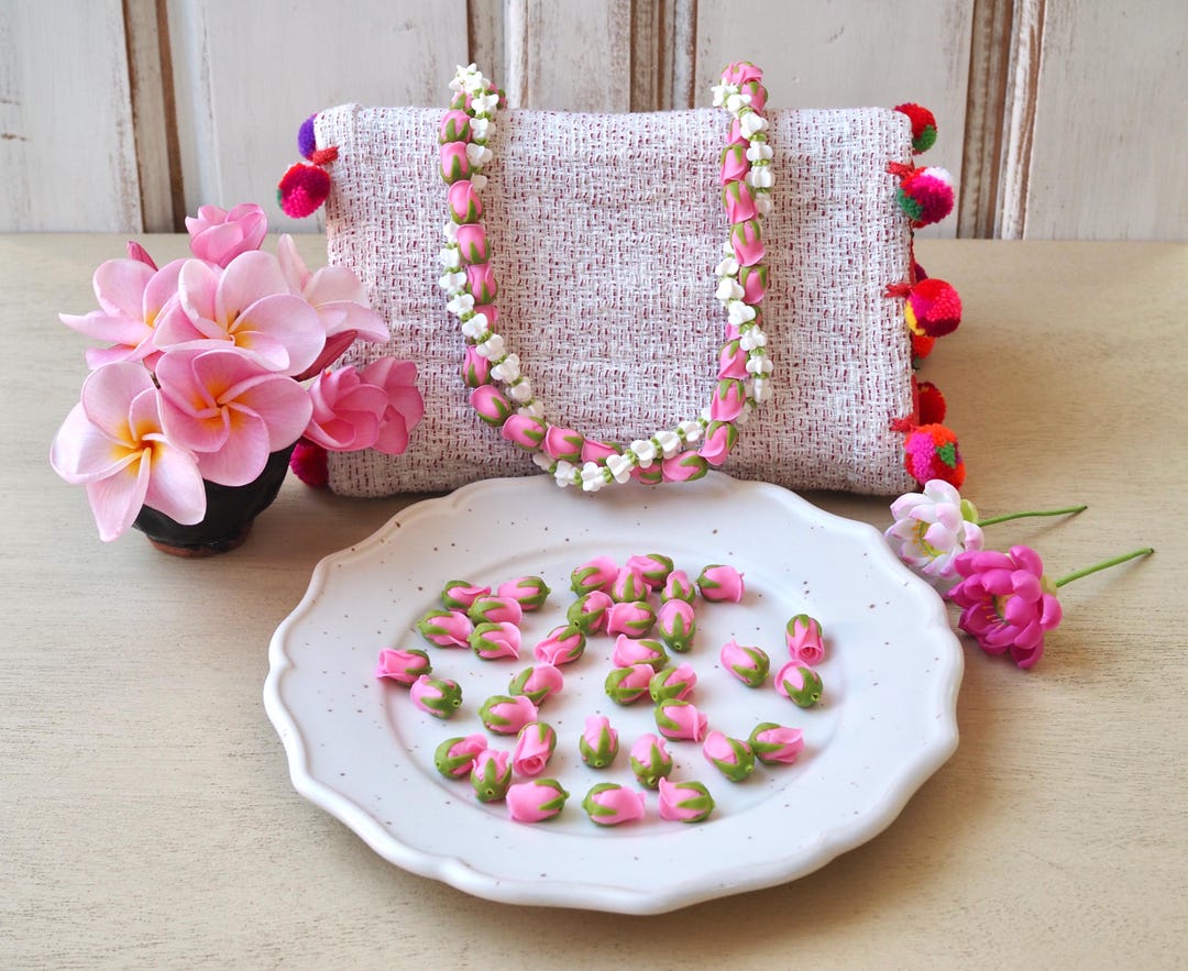 50 Party Pink Rose 02 Bud Beads, Clay Flower, DIY Jewelry Making,lei ...