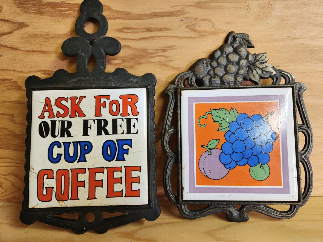 Set of Vintage Trivets ceramic Tiles With Cast Iron Bases - Etsy