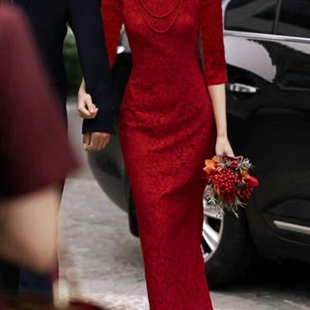 Simple Red Chinese Wedding Bridal Dress Qipao Cheongsam Modern Bow Tie ...