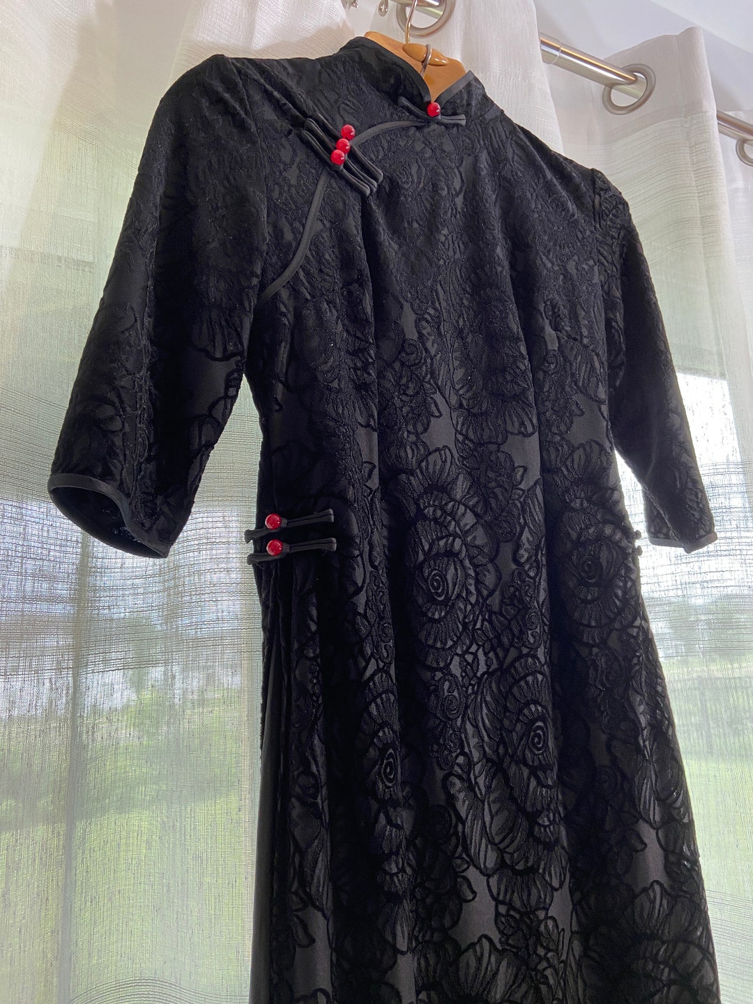 Black Velvet Rose Pattern Aodai No Split Slim Effects Qipao - Etsy