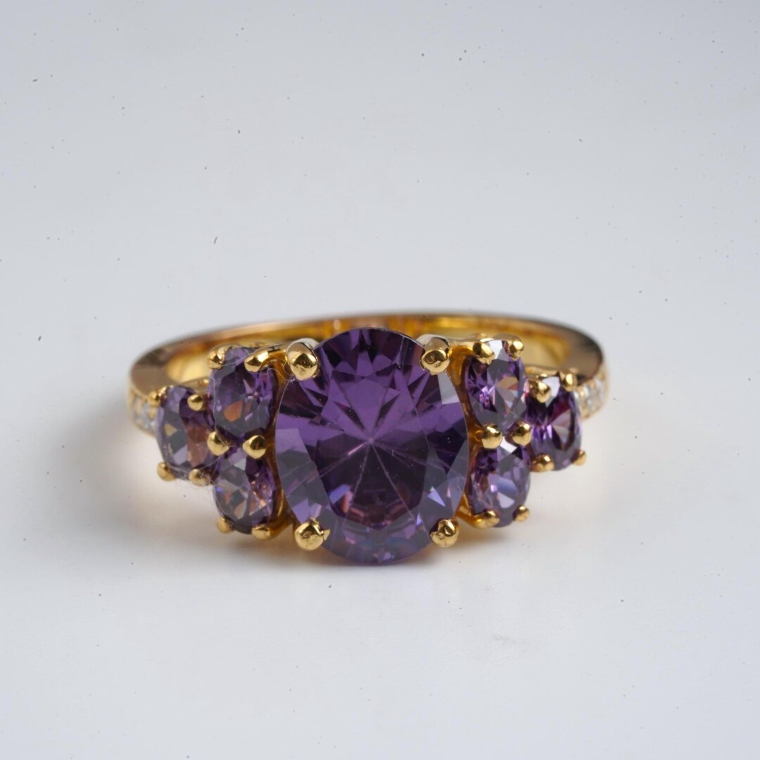 Purple Amethyst Ring, Gold Three Stone Ring, Purple 925 Silver Ring ...