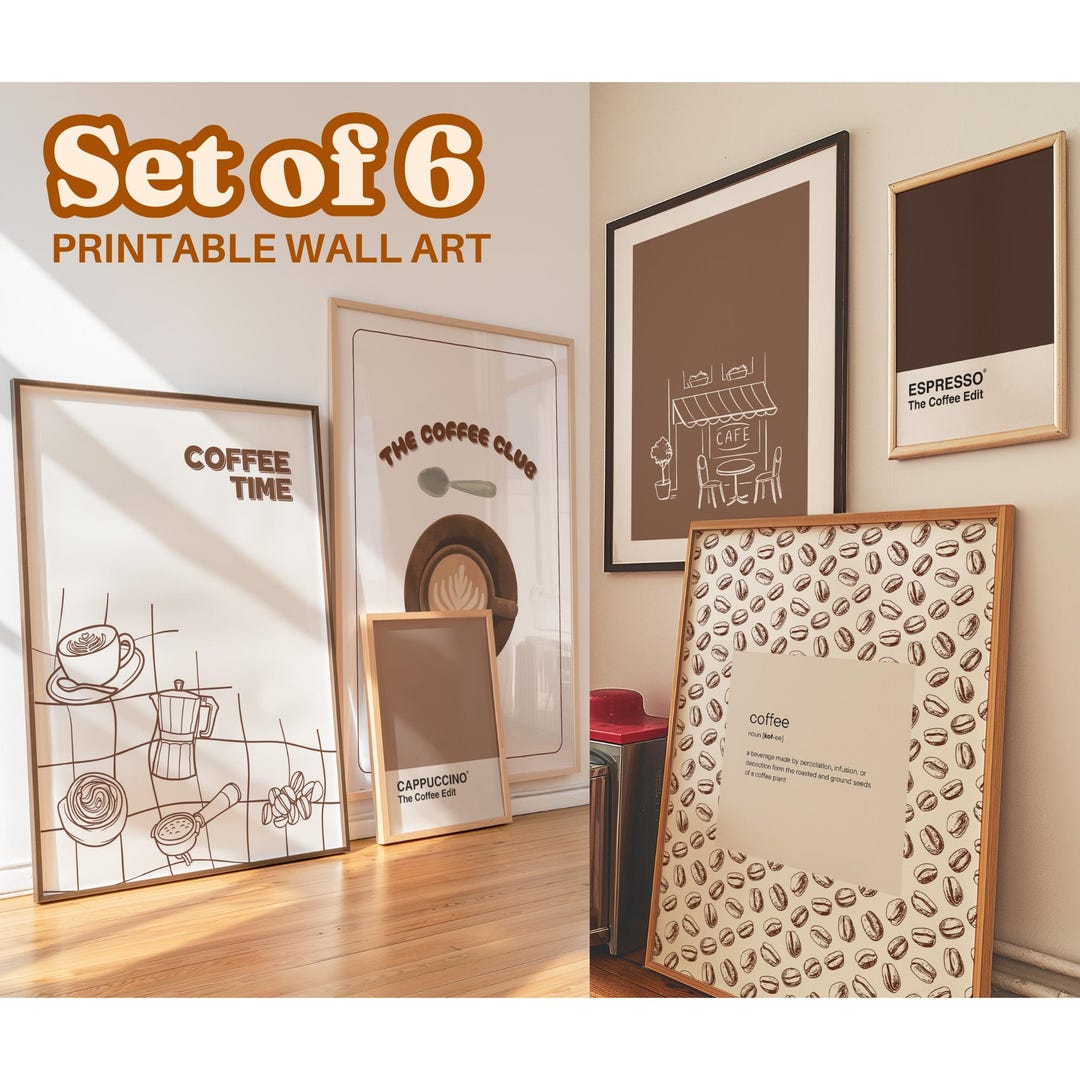 Set of 6 Coffee Art Prints - Printable Kitchen Decor Bundle - Coffee ...
