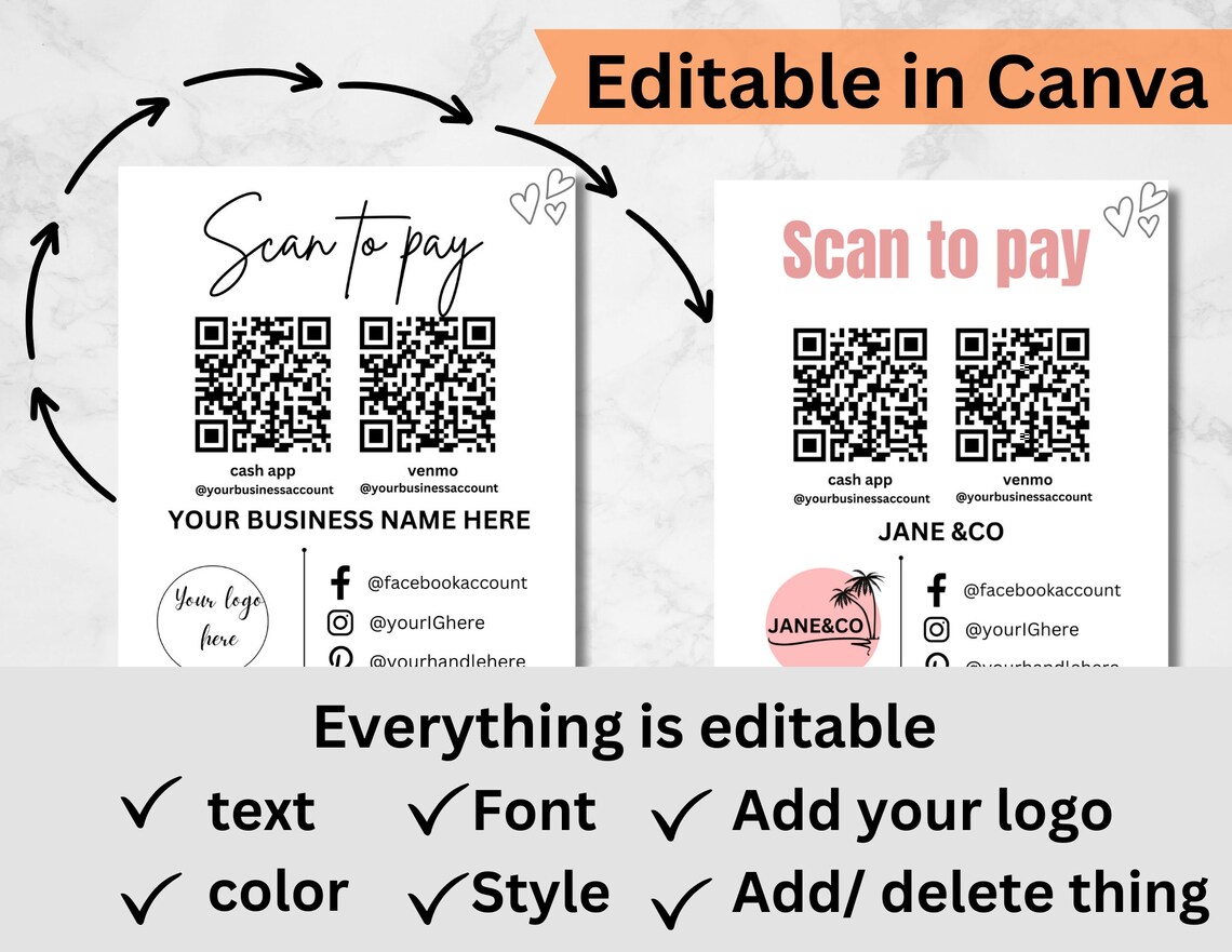 Editable Scan to Pay Template , Payment QR Code Sign, Small Business ...