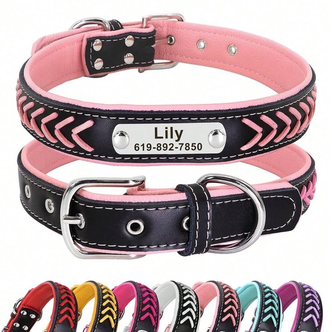 Custom Dog Collar Leather Personalized Name Plate Small Medium Large ...