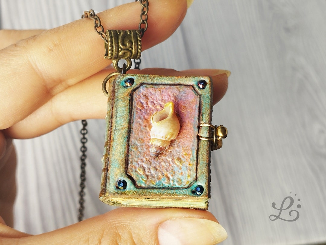 Leather Bound Miniature Book Pendant, Sea Shell Mini Book Charm ...