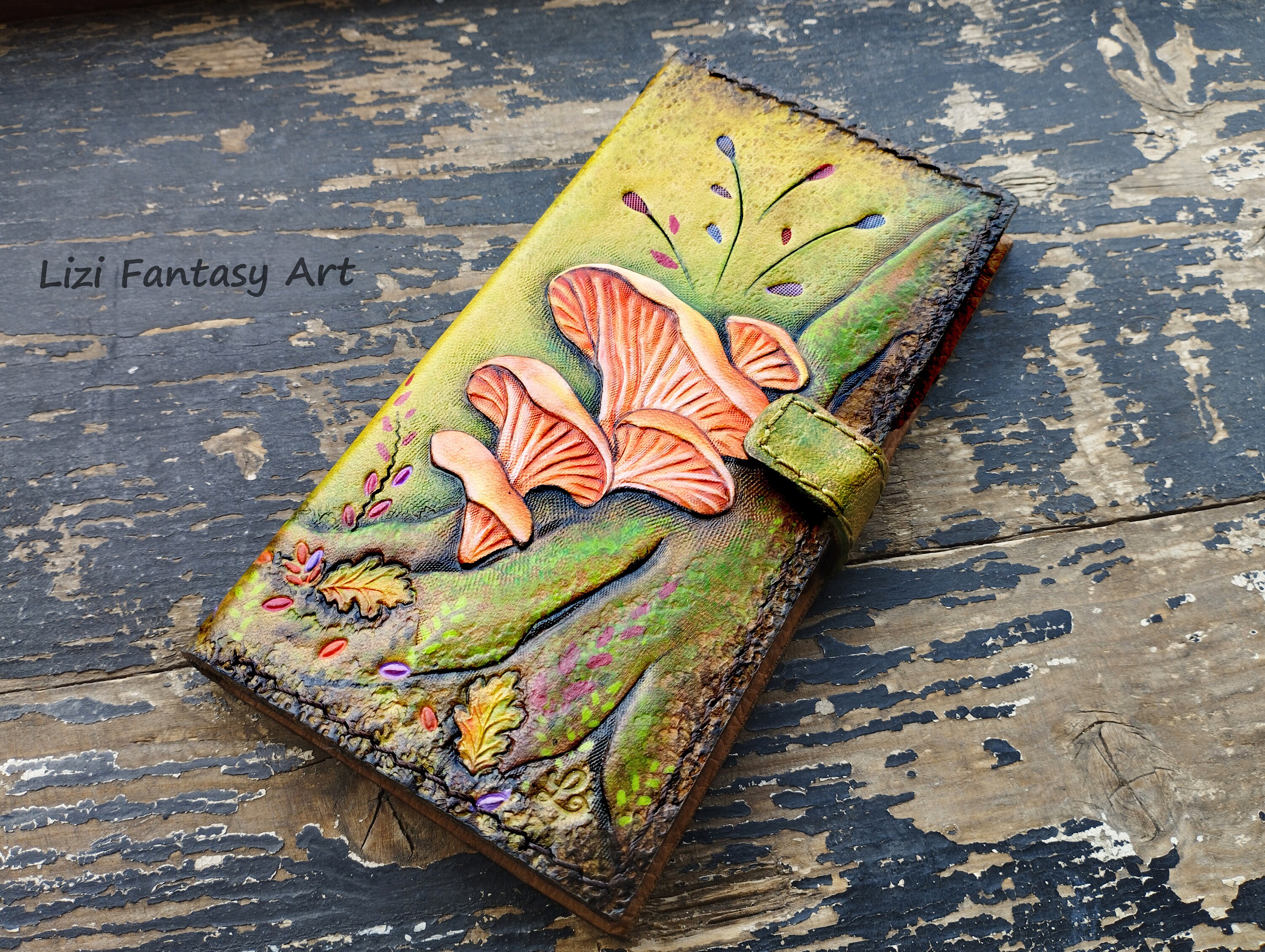 Leather Phone Case Wallet Embossed Pink Oyster Mushroom, Custom Made ...
