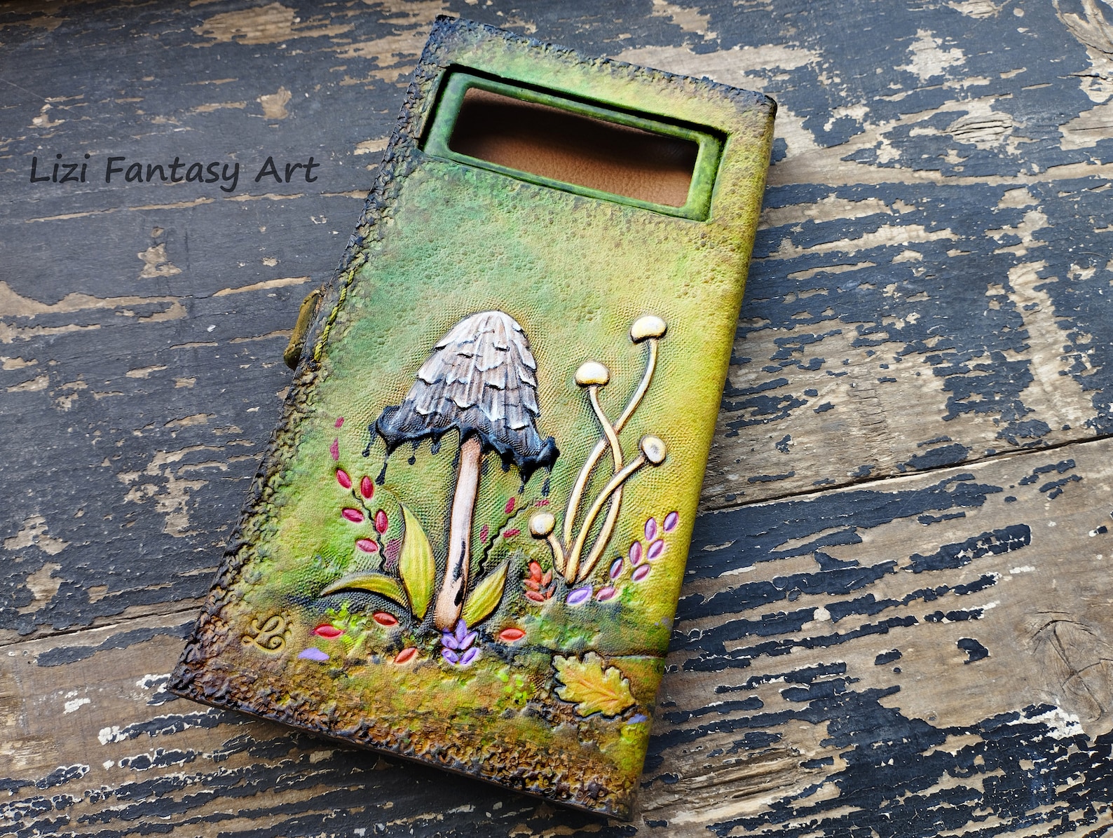 Leather Phone Case Wallet Embossed Pink Oyster Mushroom, Custom Made ...