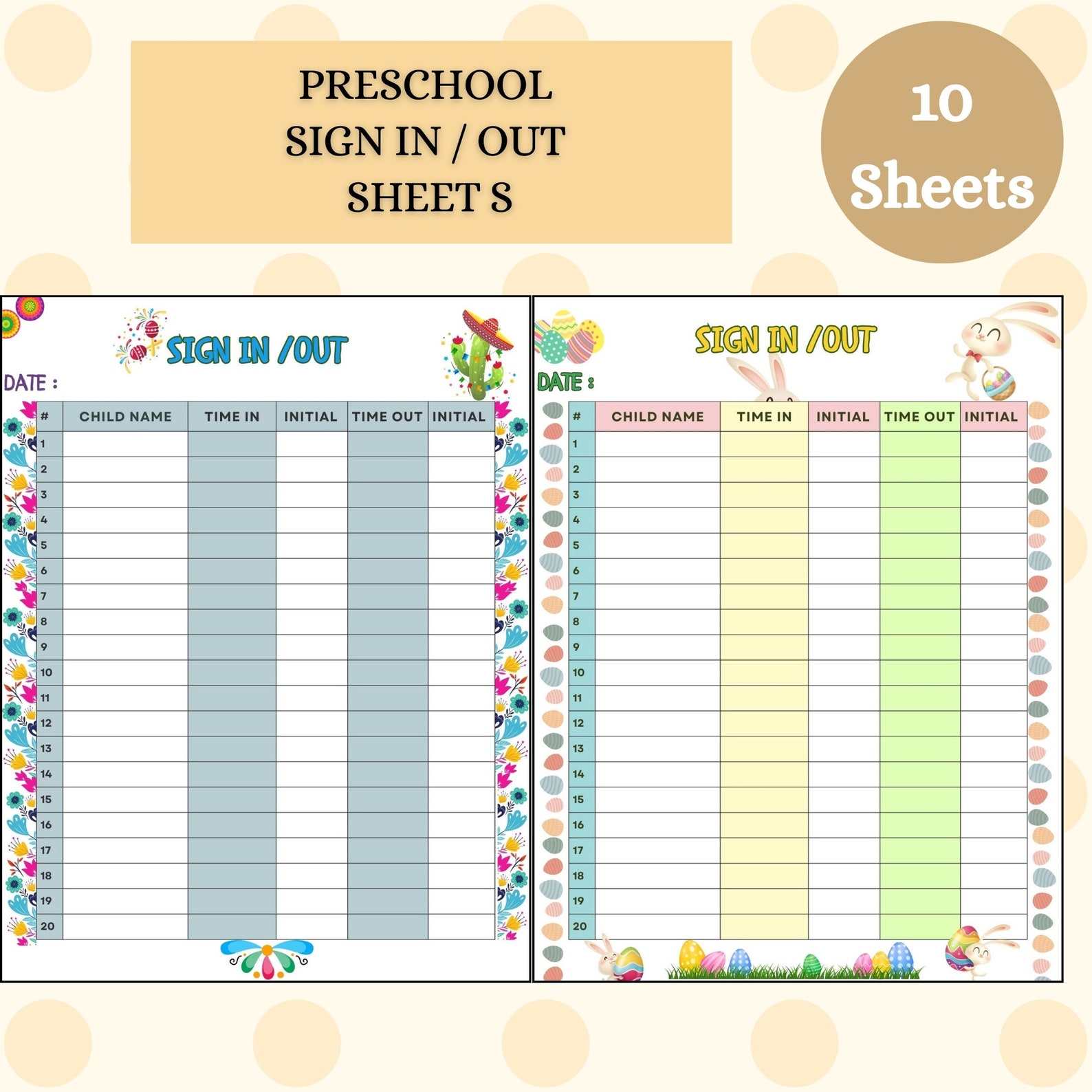 A Set of 10 Customized Daily Preschool Sign In/ Sign Out Attendance ...