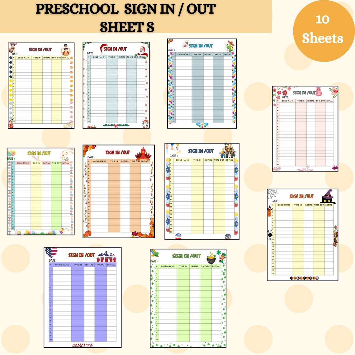 A Set of 10 Customized Daily Preschool Sign In/ Sign Out Attendance ...