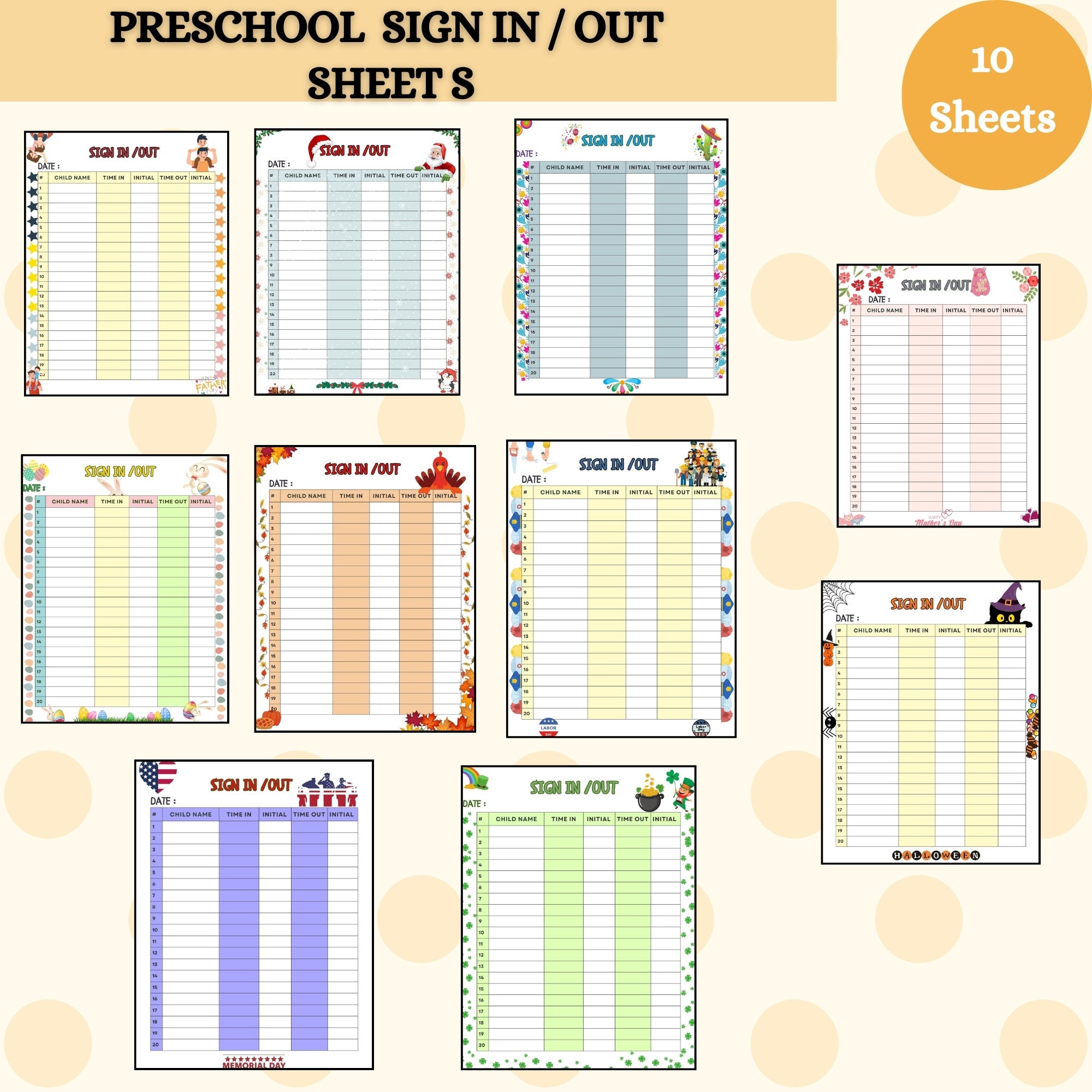 A Set of 10 Customized Daily Preschool Sign In/ Sign Out Attendance ...