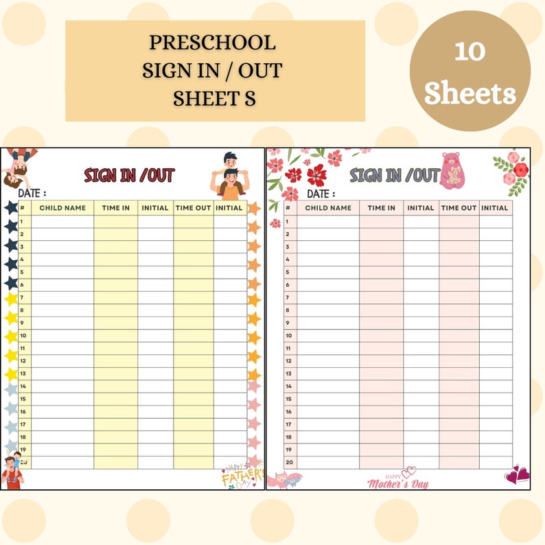 A Set of 10 Customized Daily Preschool Sign In/ Sign Out Attendance ...
