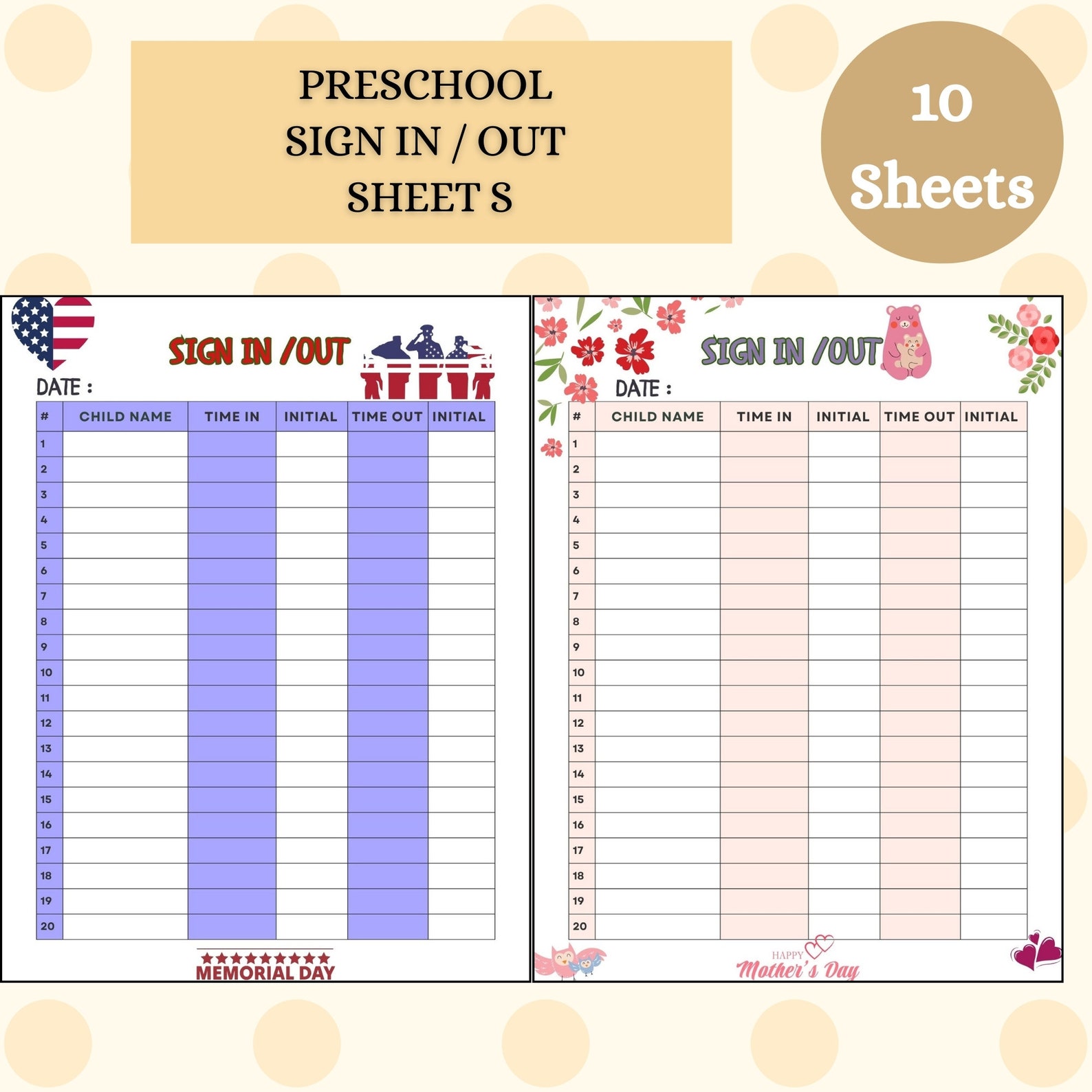 A Set of 10 Customized Daily Preschool Sign In/ Sign Out Attendance ...