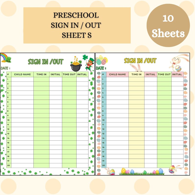 A Set of 10 Customized Daily Preschool Sign In/ Sign Out Attendance ...