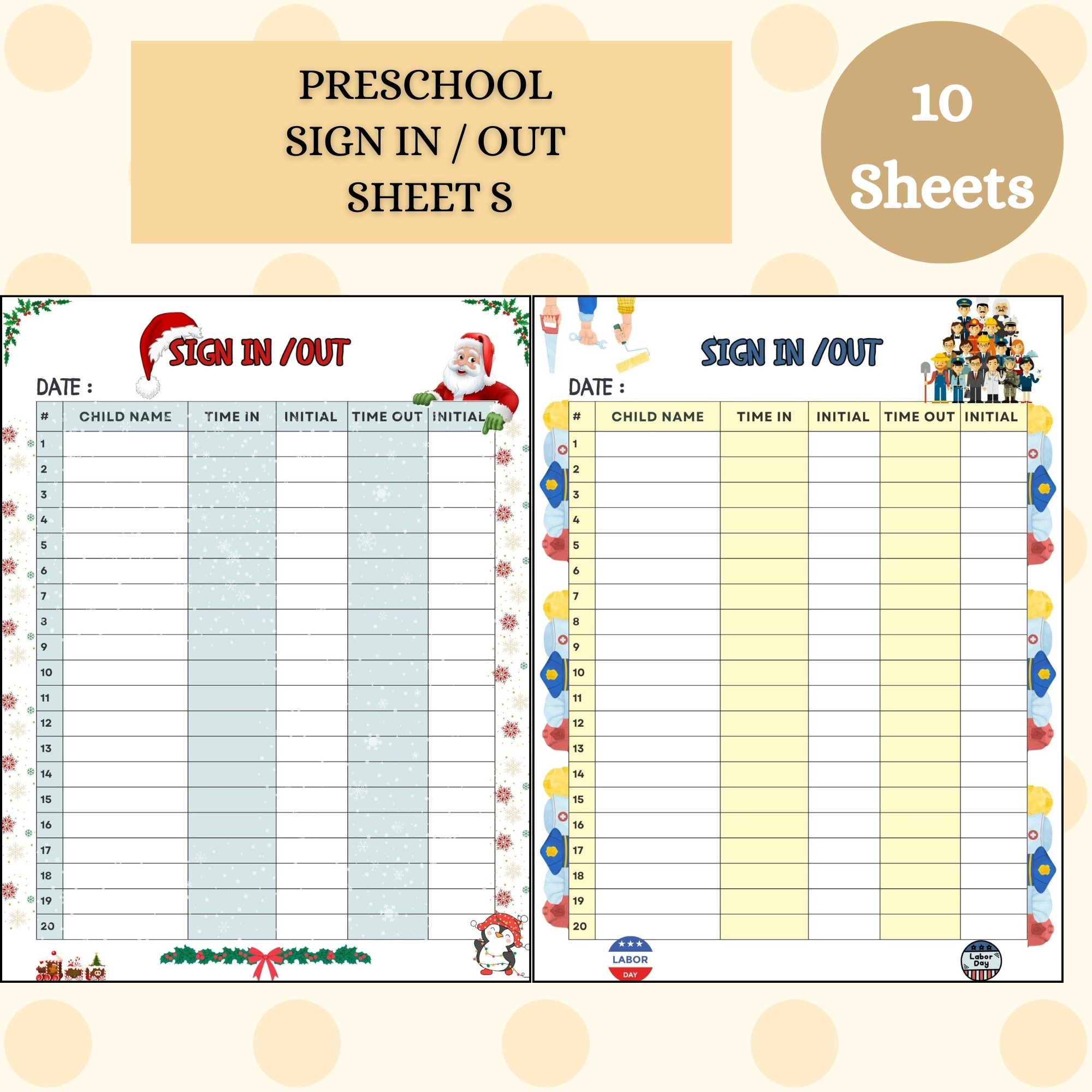 A Set of 10 Customized Daily Preschool Sign In/ Sign Out Attendance ...