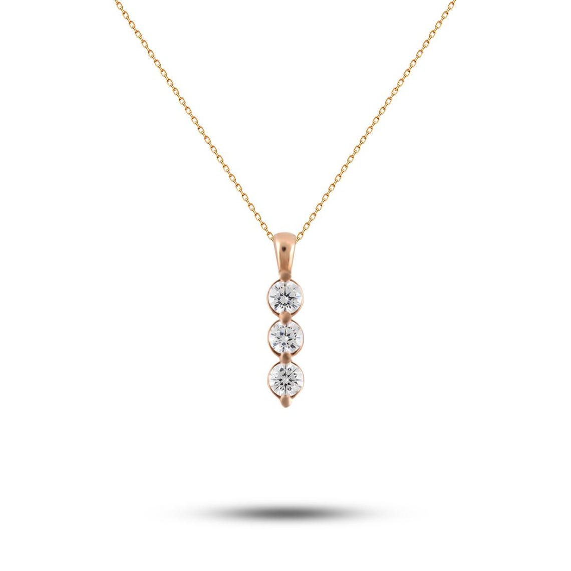 Three Diamond Pendant Necklace in 14k Solid Gold for Women - Round Trio ...