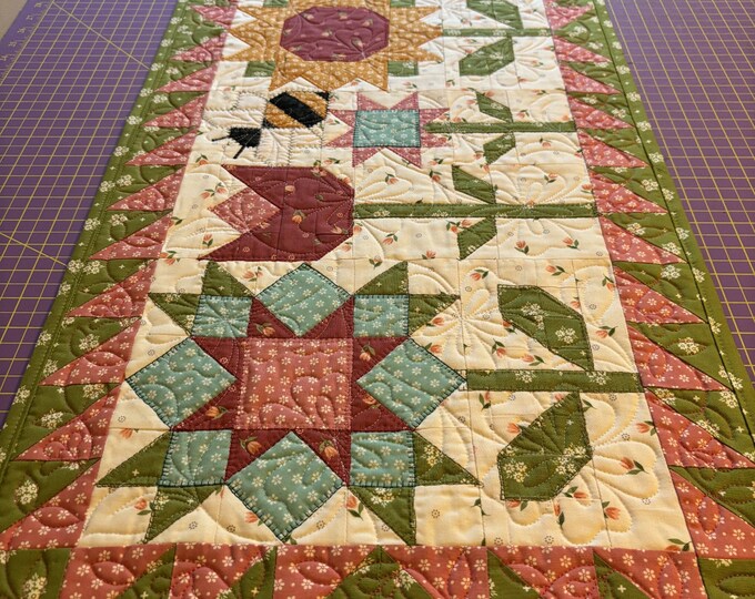 Quilted Table Runner, Table Runner, Navy Blue and Tan Runner, Quilted ...