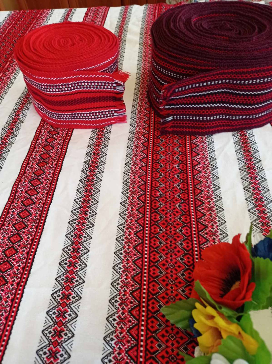 Red Ethnic Fabric. Woven Fabric. Ukrainian Vyshyvanka Fabric ...