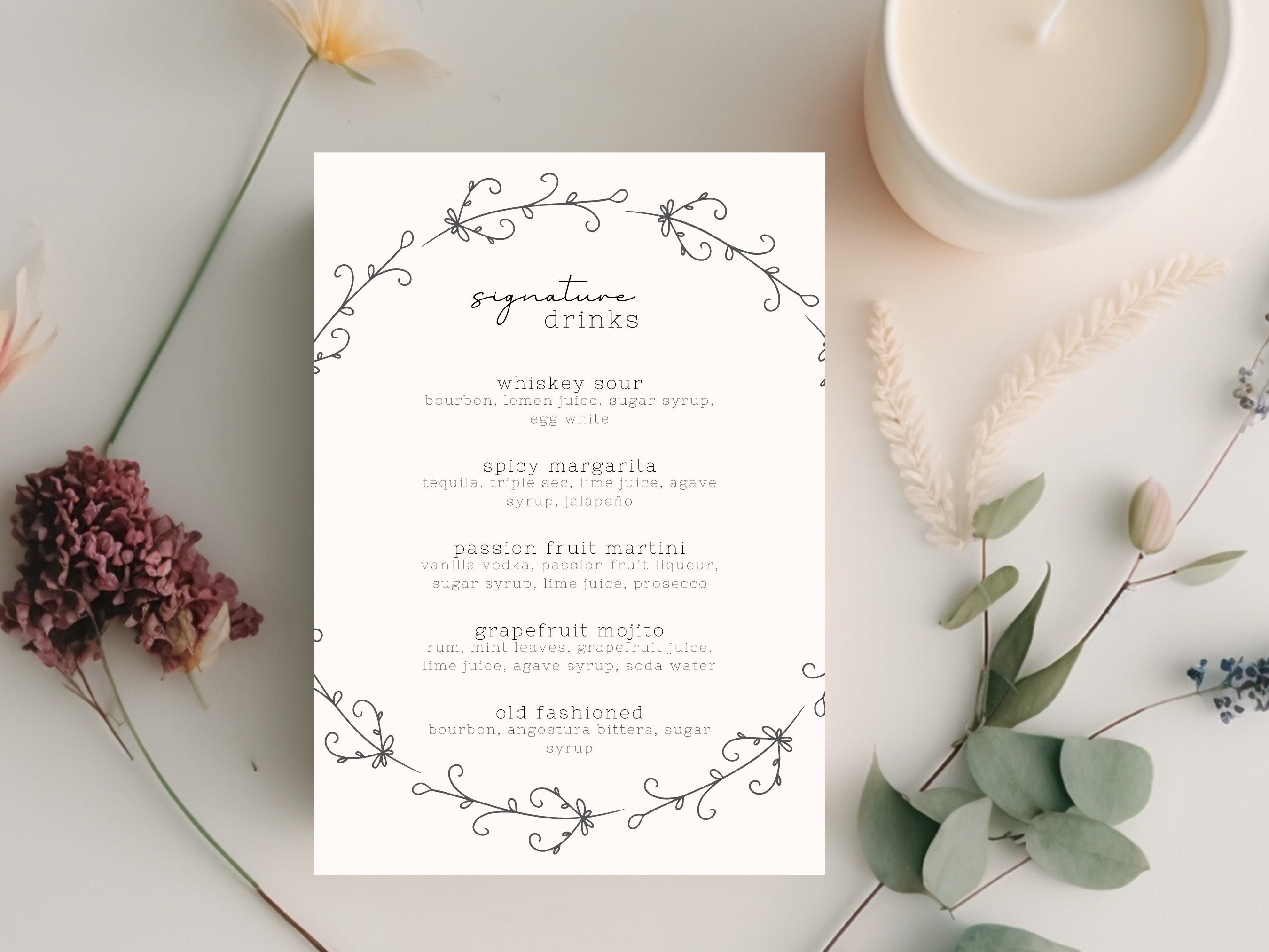 Drinks Menu Template, Floral Signature Cocktail List, Customisable ...